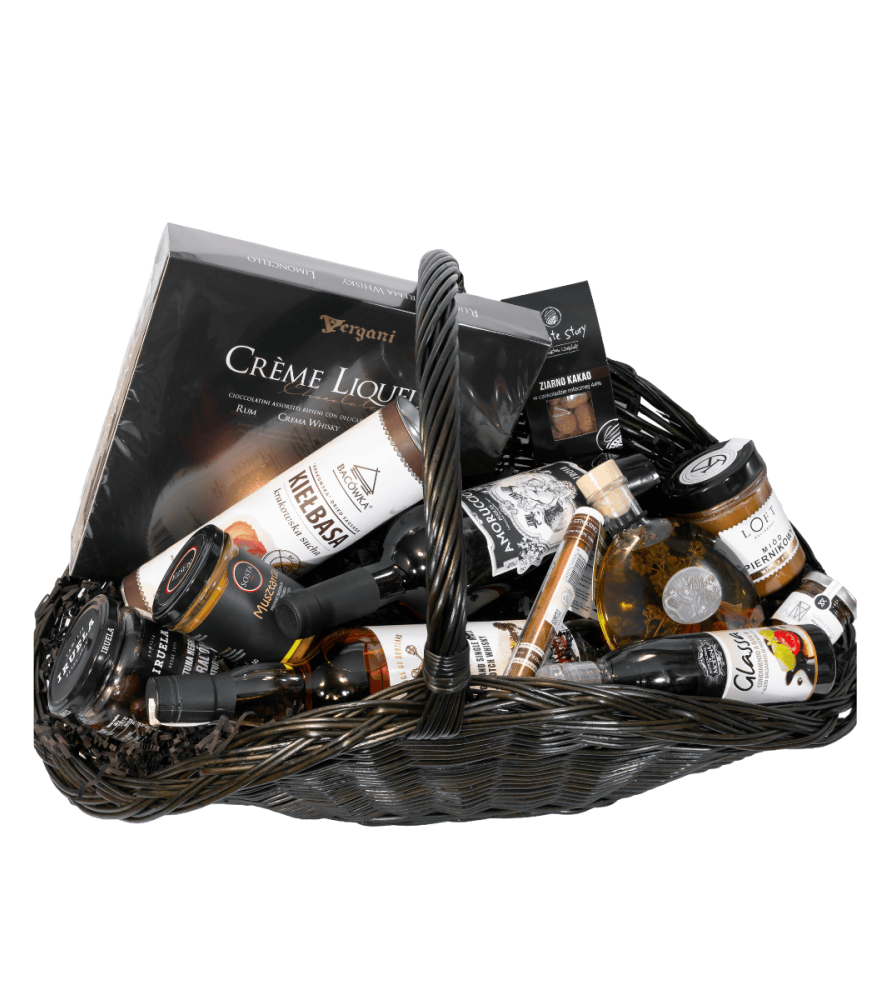 Elegancki kosz prezentowy z wikliny – Amoruccio Wino włoskie